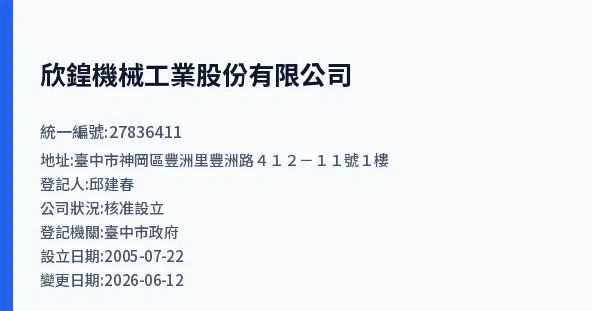 欣鍠機械工業股份有限公司的照片-統編 27836411(臺中市) 公司登記資料與營業項目詳細圖表