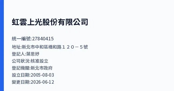 虹雲上光股份有限公司的照片-統編 27840415(新北市) 公司登記資料與營業項目詳細圖表