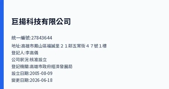 巨揚科技有限公司的照片-統編 27843644(高雄市) 公司登記資料與營業項目詳細圖表
