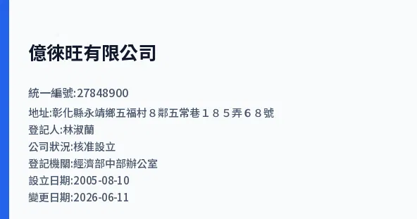 億徠旺有限公司的照片-統編 27848900(彰化縣) 公司登記資料與營業項目詳細圖表
