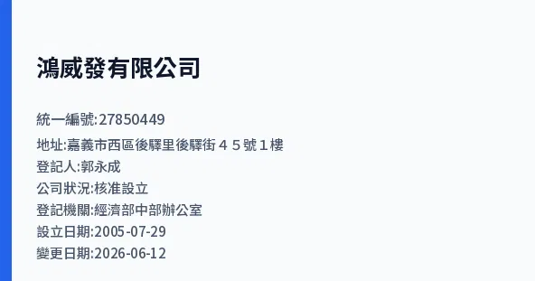 鴻威發有限公司的照片-統編 27850449(嘉義市) 公司登記資料與營業項目詳細圖表