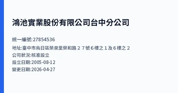 鴻池實業股份有限公司台中分公司的照片-統編 27854536(臺中市) 公司登記資料與營業項目詳細圖表