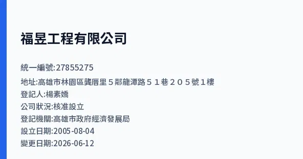 福昱工程有限公司的照片-統編 27855275(高雄市) 公司登記資料與營業項目詳細圖表