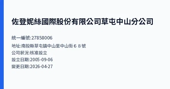 佐登妮絲國際股份有限公司草屯中山分公司的照片-統編 27858006(南投縣) 公司登記資料與營業項目詳細圖表