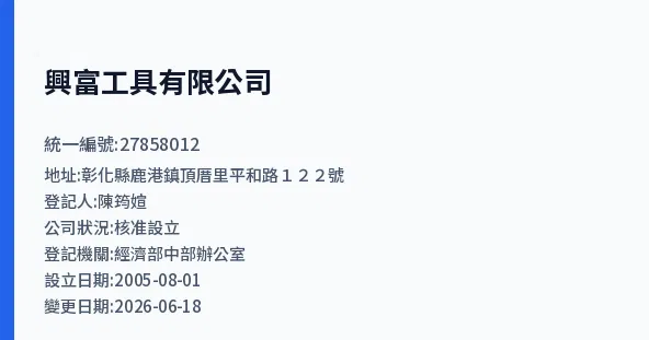 興富工具有限公司的照片-統編 27858012(彰化縣) 公司登記資料與營業項目詳細圖表