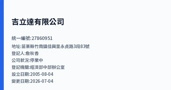 吉立達有限公司的照片-統編 27860951(苗栗縣) 公司登記資料與營業項目詳細圖表