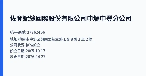 佐登妮絲國際股份有限公司中壢中豐分公司的照片-統編 27862466(桃園市) 公司登記資料與營業項目詳細圖表