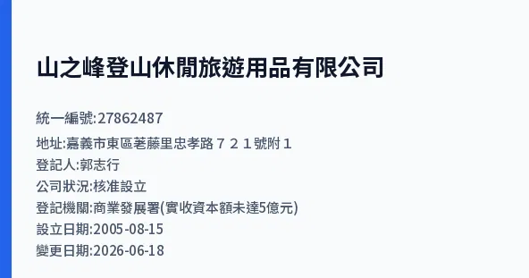 山之峰登山休閒旅遊用品有限公司的照片-統編 27862487(嘉義市) 公司登記資料與營業項目詳細圖表