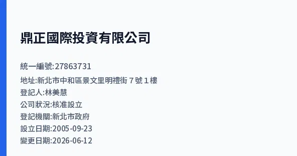 鼎正國際投資有限公司的照片-統編 27863731(新北市) 公司登記資料與營業項目詳細圖表