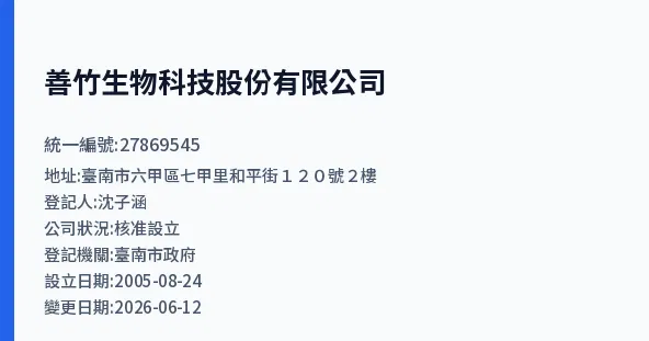 善竹生物科技股份有限公司的照片-統編 27869545(臺南市) 公司登記資料與營業項目詳細圖表