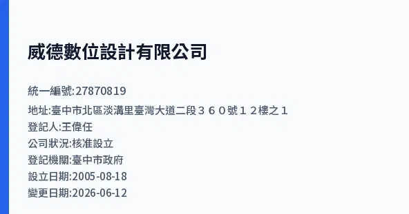 威德數位設計有限公司的照片-統編 27870819(臺中市) 公司登記資料與營業項目詳細圖表