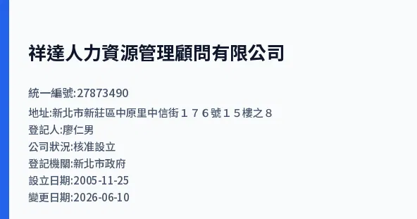 祥達人力資源管理顧問有限公司的照片-統編 27873490(新北市) 公司登記資料與營業項目詳細圖表
