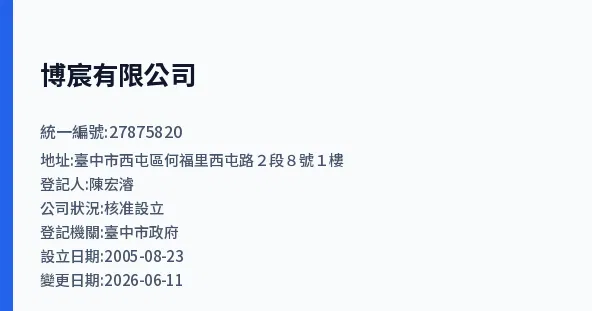 博宸有限公司的照片-統編 27875820(臺中市) 公司登記資料與營業項目詳細圖表