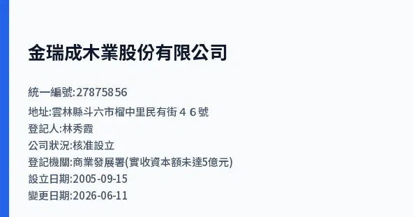 金瑞成木業股份有限公司的照片-統編 27875856(雲林縣) 公司登記資料與營業項目詳細圖表