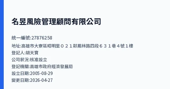 名昱風險管理顧問有限公司的照片-統編 27876258(高雄市) 公司登記資料與營業項目詳細圖表