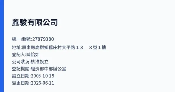 鑫駿有限公司的照片-統編 27879380(屏東縣) 公司登記資料與營業項目詳細圖表