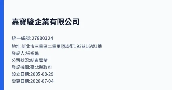 嘉寶駿企業有限公司的照片-統編 27880324(新北市) 公司登記資料與營業項目詳細圖表