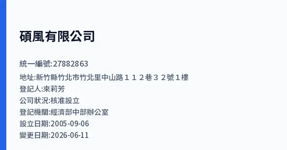 碩風有限公司的照片-統編 27882863(新竹縣) 公司登記資料與營業項目詳細圖表