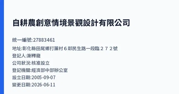自耕農創意情境景觀設計有限公司的照片-統編 27883461(彰化縣) 公司登記資料與營業項目詳細圖表