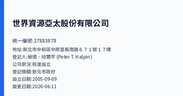 世界資源亞太股份有限公司的照片-統編 27883878(新北市) 公司登記資料與營業項目詳細圖表