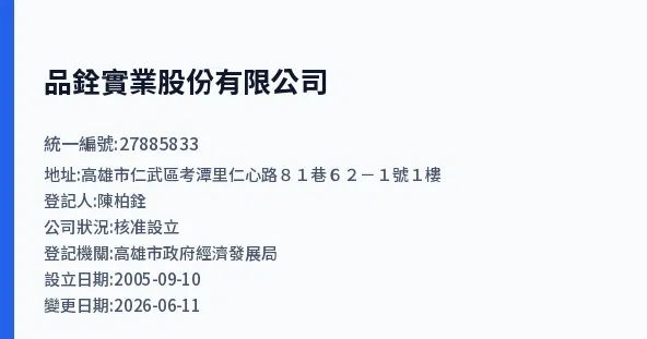 品銓實業股份有限公司的照片-統編 27885833(高雄市) 公司登記資料與營業項目詳細圖表