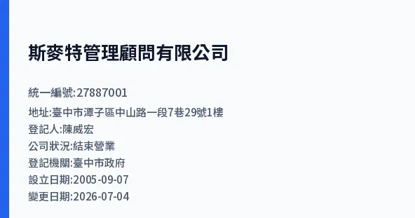 斯麥特管理顧問有限公司的照片-統編 27887001(臺中市) 公司登記資料與營業項目詳細圖表