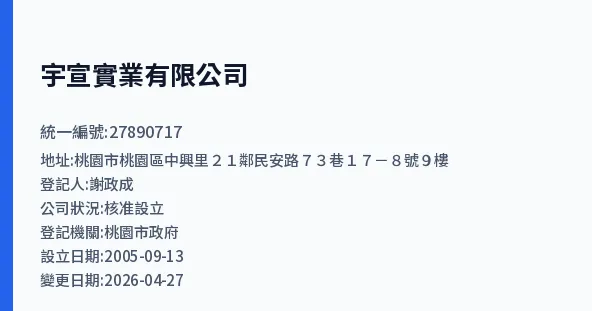 宇宣實業有限公司的照片-統編 27890717(桃園市) 公司登記資料與營業項目詳細圖表