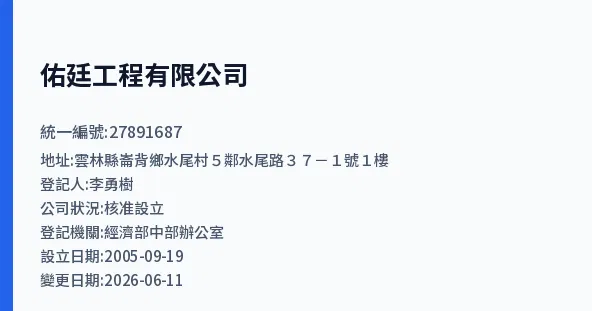 佑廷工程有限公司的照片-統編 27891687(雲林縣) 公司登記資料與營業項目詳細圖表