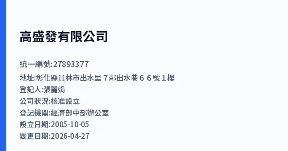 高盛發有限公司的照片-統編 27893377(彰化縣) 公司登記資料與營業項目詳細圖表