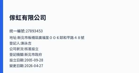 傢虹有限公司的照片-統編 27893453(新北市) 公司登記資料與營業項目詳細圖表