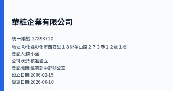 華粧企業有限公司的照片-統編 27893720(彰化縣) 公司登記資料與營業項目詳細圖表