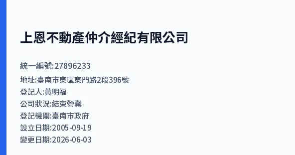 上恩不動產仲介經紀有限公司的照片-統編 27896233(臺南市) 公司登記資料與營業項目詳細圖表
