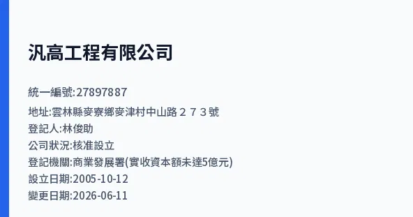 汎高工程有限公司的照片-統編 27897887(雲林縣) 公司登記資料與營業項目詳細圖表