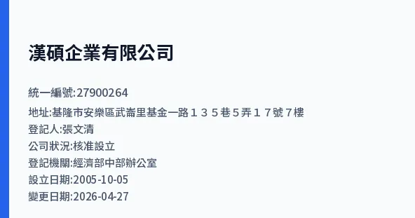 漢碩企業有限公司的照片-統編 27900264(基隆市) 公司登記資料與營業項目詳細圖表