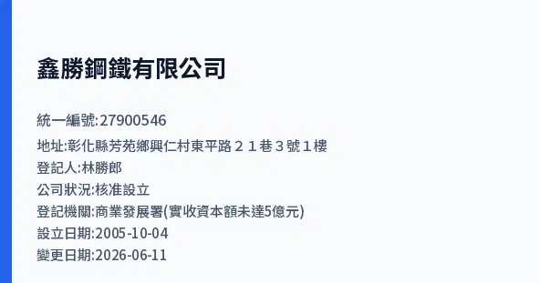 鑫勝鋼鐵有限公司的照片-統編 27900546(彰化縣) 公司登記資料與營業項目詳細圖表