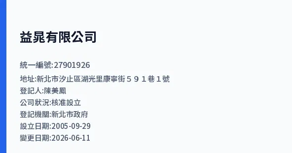 益晁有限公司的照片-統編 27901926(新北市) 公司登記資料與營業項目詳細圖表