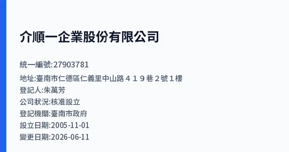 介順一企業股份有限公司的照片-統編 27903781(臺南市) 公司登記資料與營業項目詳細圖表