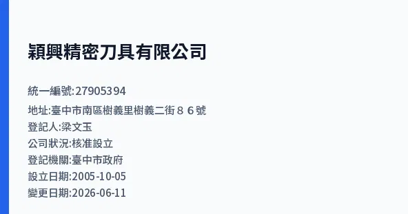 穎興精密刀具有限公司的照片-統編 27905394(臺中市) 公司登記資料與營業項目詳細圖表