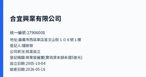 合宜興業有限公司的照片-統編 27906008(嘉義市) 公司登記資料與營業項目詳細圖表