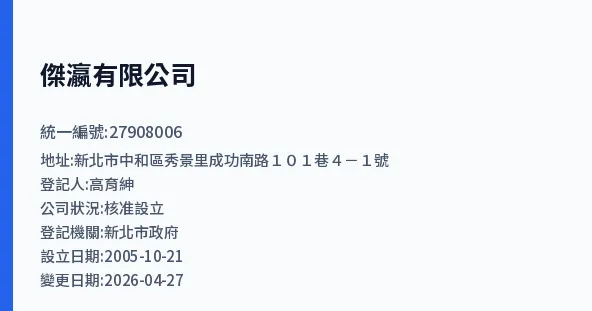 傑瀛有限公司的照片-統編 27908006(新北市) 公司登記資料與營業項目詳細圖表