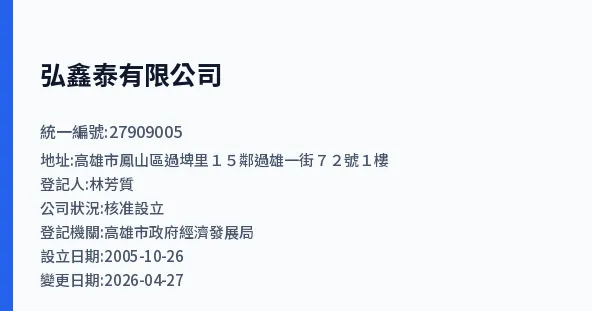 弘鑫泰有限公司的照片-統編 27909005(高雄市) 公司登記資料與營業項目詳細圖表