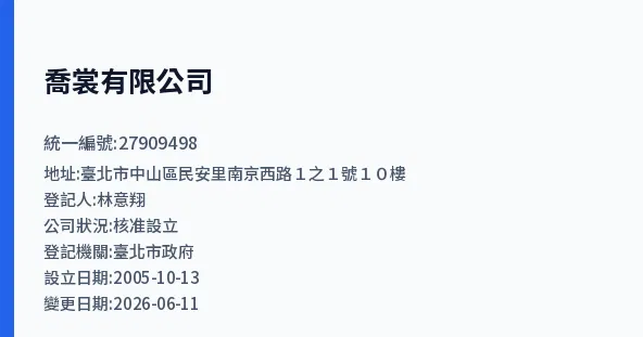 喬裳有限公司的照片-統編 27909498(臺北市) 公司登記資料與營業項目詳細圖表