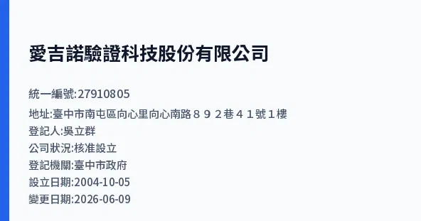 愛吉諾驗證科技股份有限公司的照片-統編 27910805(臺中市) 公司登記資料與營業項目詳細圖表