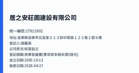 居之安莊園建設有限公司的照片-統編 27911902(苗栗縣) 公司登記資料與營業項目詳細圖表