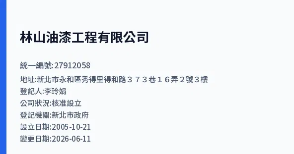 林山油漆工程有限公司的照片-統編 27912058(新北市) 公司登記資料與營業項目詳細圖表