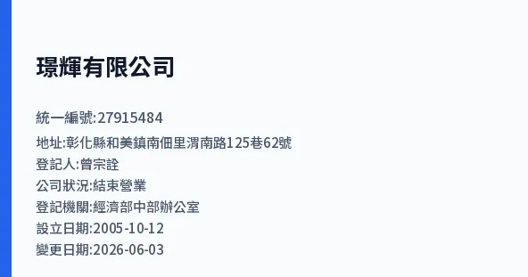 璟輝有限公司的照片-統編 27915484(彰化縣) 公司登記資料與營業項目詳細圖表