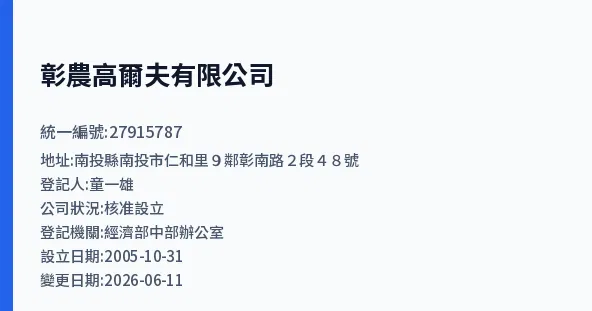 彰農高爾夫有限公司的照片-統編 27915787(南投縣) 公司登記資料與營業項目詳細圖表