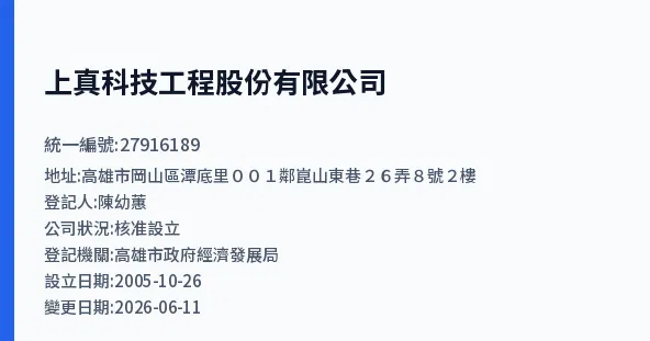 上真科技工程股份有限公司的照片-統編 27916189(高雄市) 公司登記資料與營業項目詳細圖表