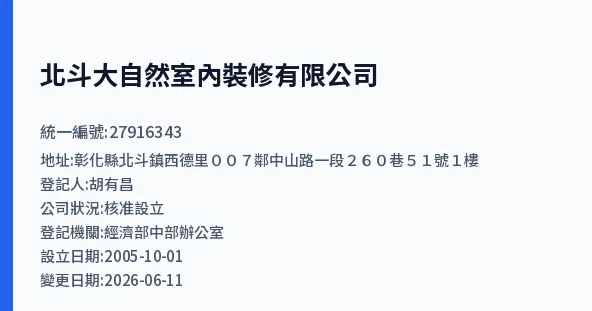 北斗大自然室內裝修有限公司的照片-統編 27916343(彰化縣) 公司登記資料與營業項目詳細圖表