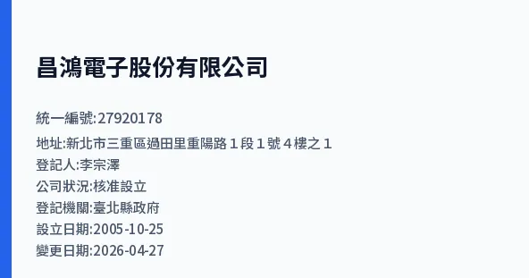 昌鴻電子股份有限公司的照片-統編 27920178(新北市) 公司登記資料與營業項目詳細圖表